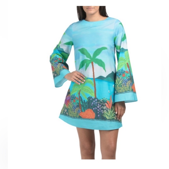 CELINA MOON | Dresses | Celina Moon Tropical Print Mini Dress Blue And ...